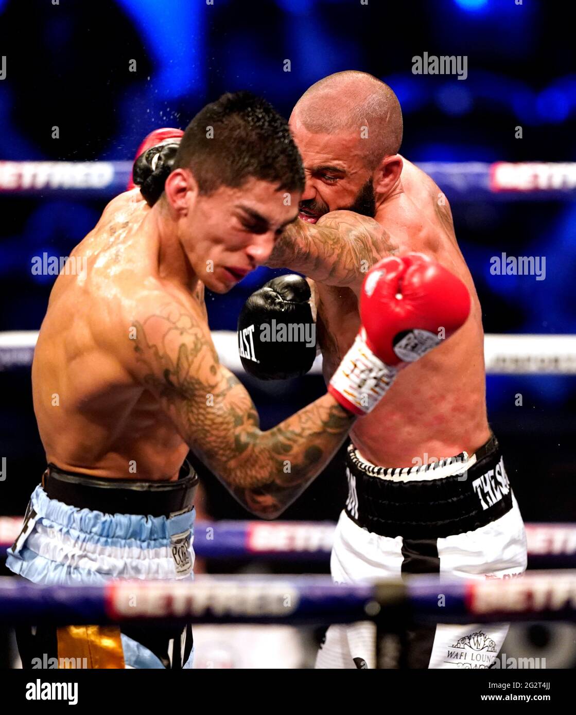 Liam Ritson (right) in action against Jeremias Ponce during the IBF Super-Lightweight World ...