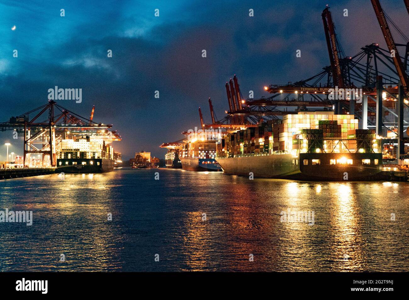 Port of Hamburg with its huge container terminals by night - CITY OF ...