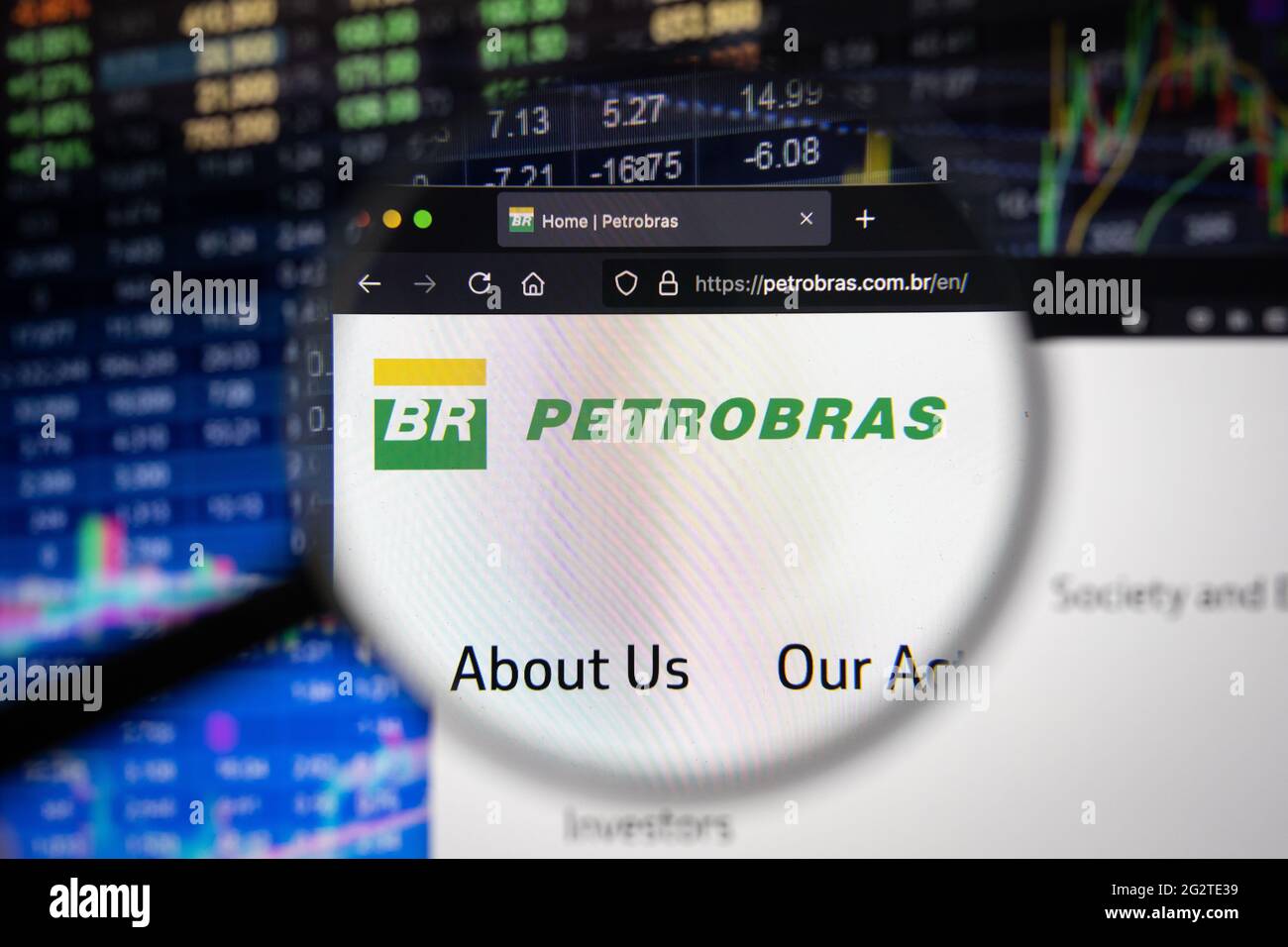 Petrobras company logo on a website with blurry stock market ...