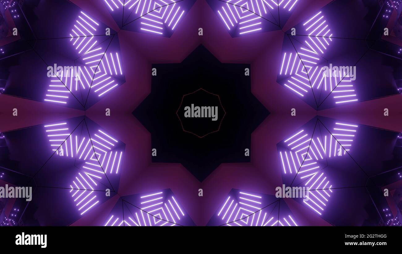 3D rendering of geometric shapes with glowing purple led lights ...