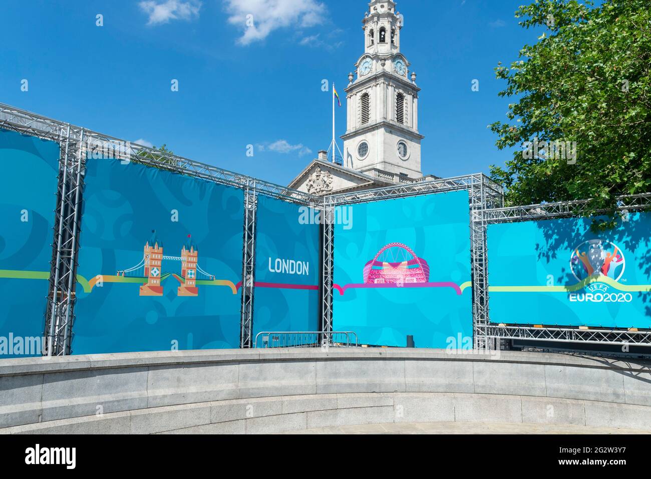 Construction continues of a new Fan Zone at Trafalgar Square, ahead of ...