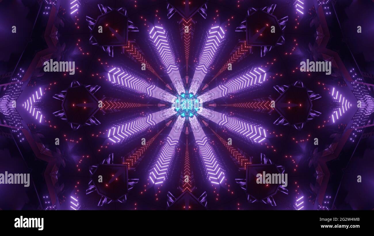 A 3D rendering of geometric shapes with glowing red and purple led ...