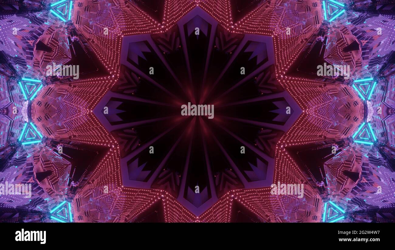 A 3D rendering of geometric shapes with glowing colorful neon lights ...