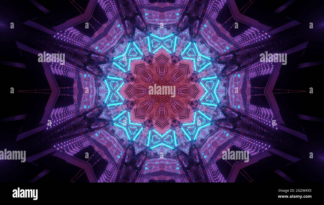 A 3D rendering of geometric shapes with glowing colorful neon lights ...