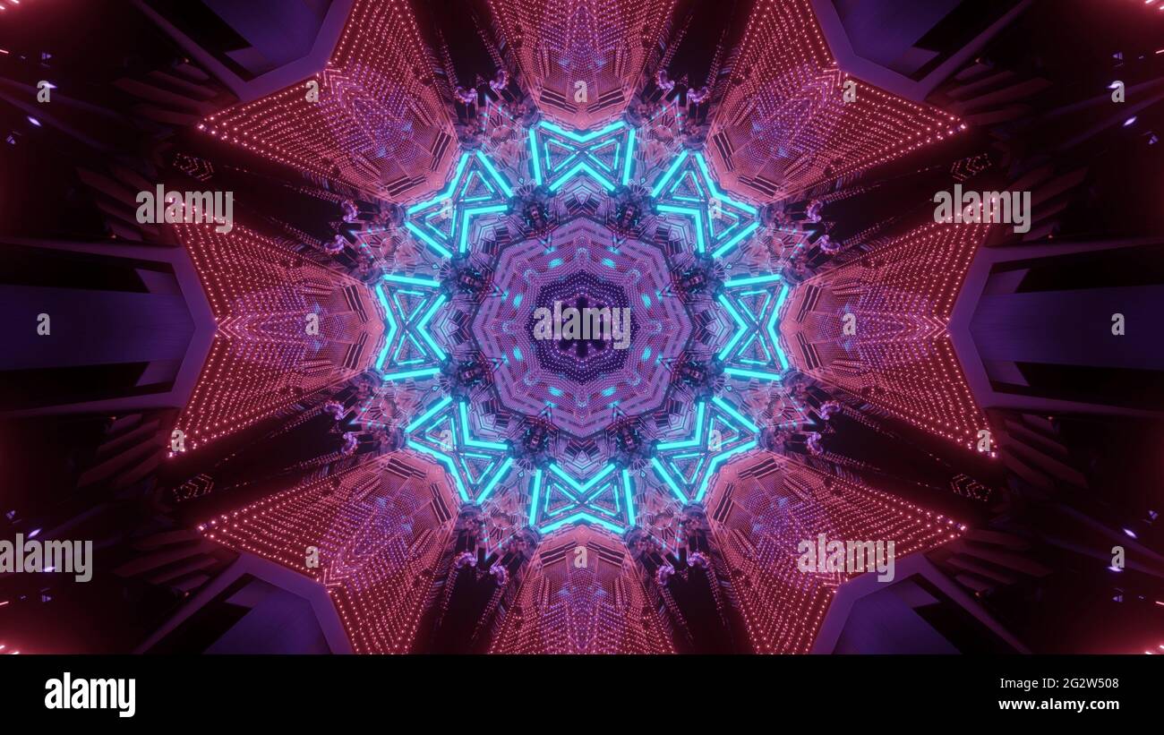 A 3D rendering of geometric shapes with glowing red and blue led lights ...