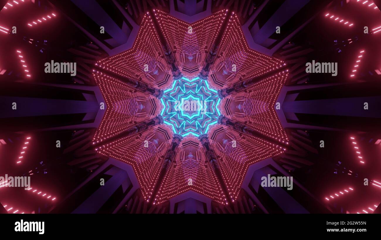 A 3D rendering of geometric shapes with glowing red and purple led ...