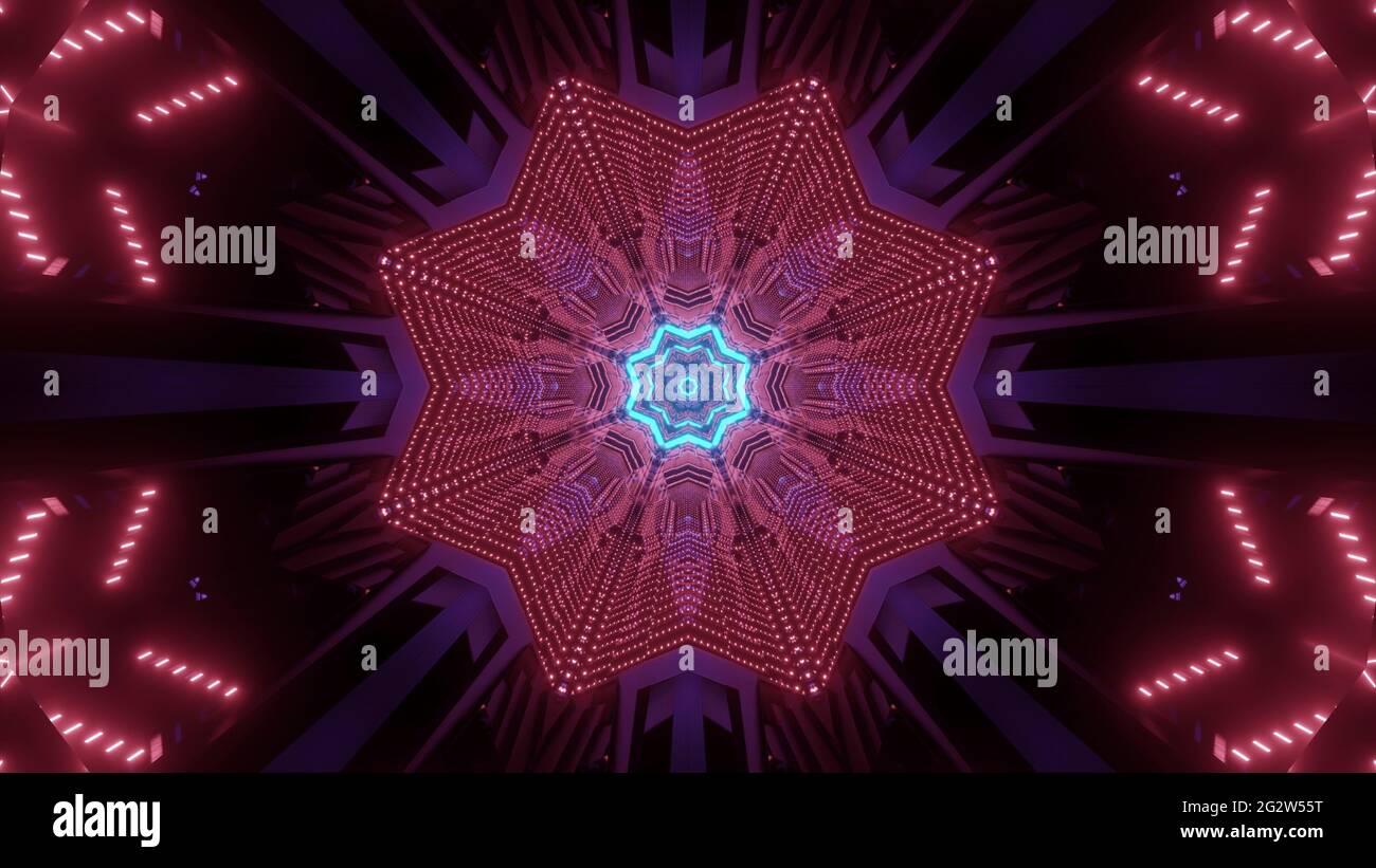 A 3D rendering of geometric shapes with glowing red and purple led ...