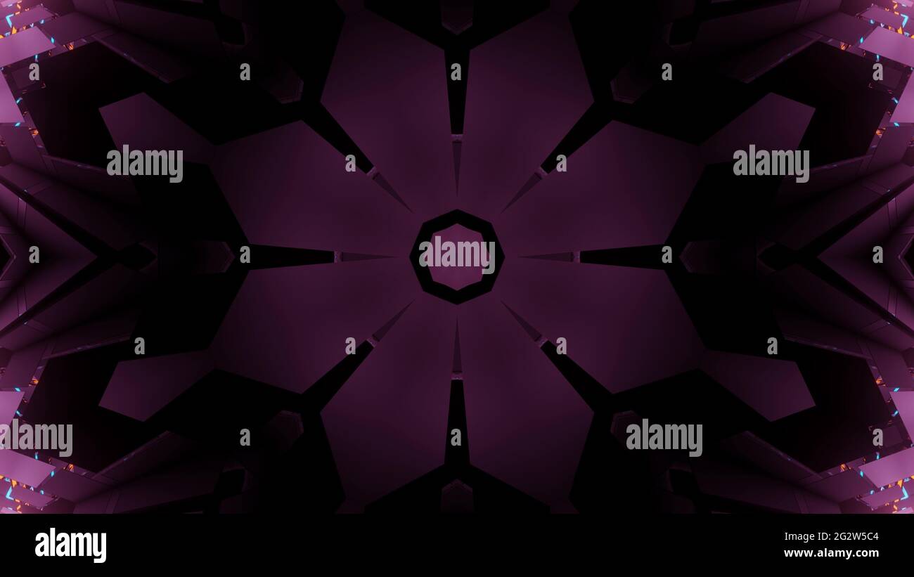 A 3D rendering of glowing purple geometric shapes against a black ...