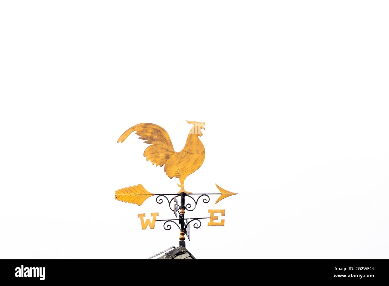 Gold rooster weather vane show the wind direction on white sky ...