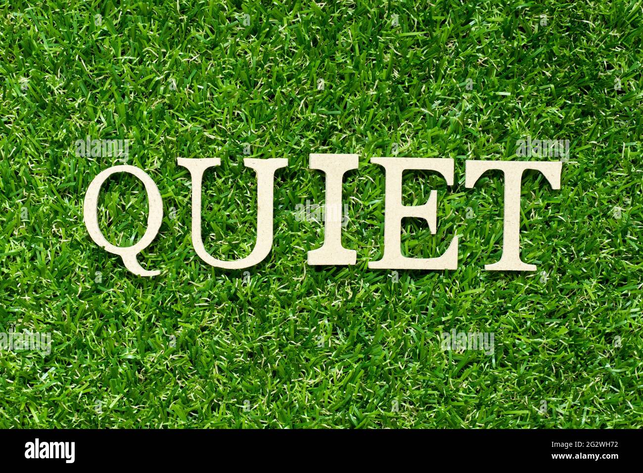 Wood letter in word quiet on green grass background Stock Photo - Alamy