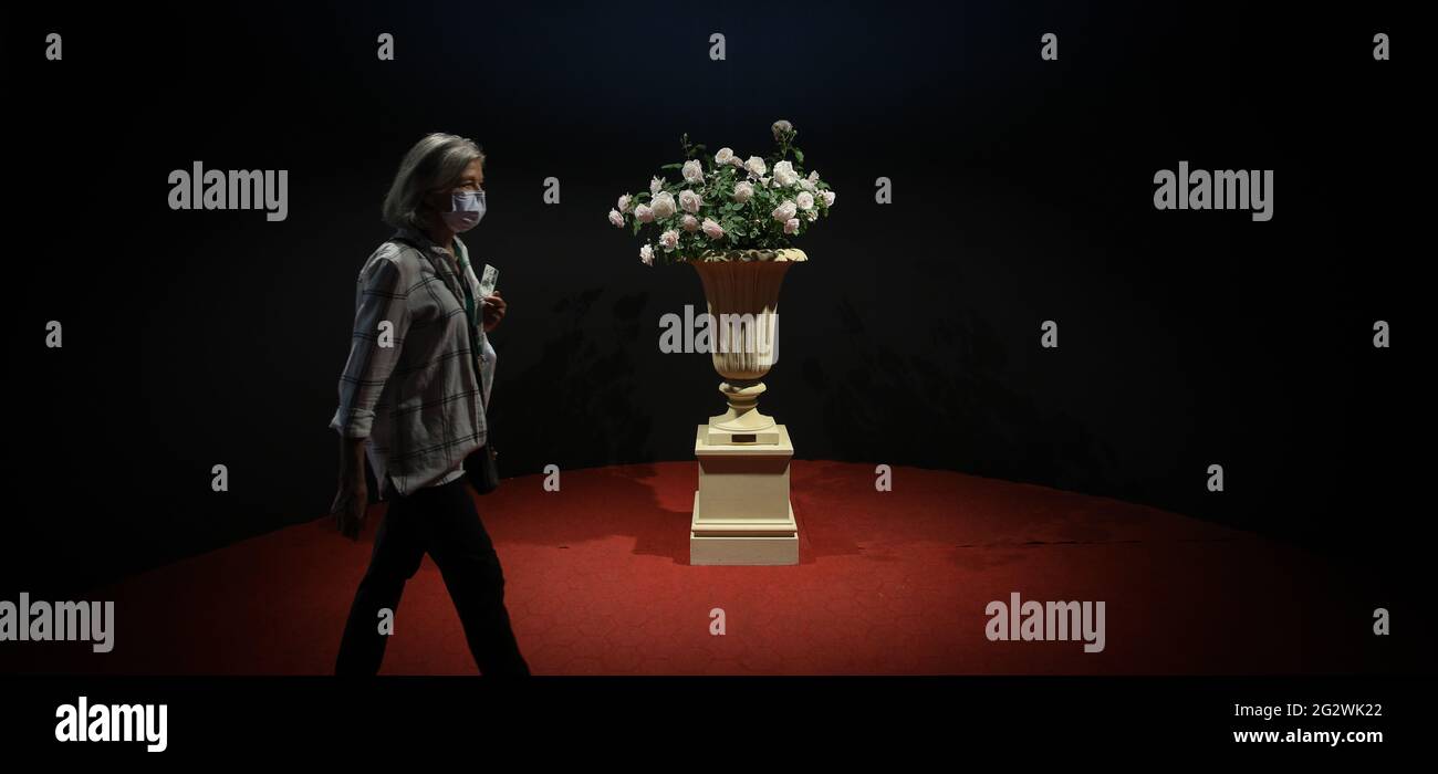 Warsaw, Poland. 12th June, 2021. A woman walks past a bunch of "Queen ...