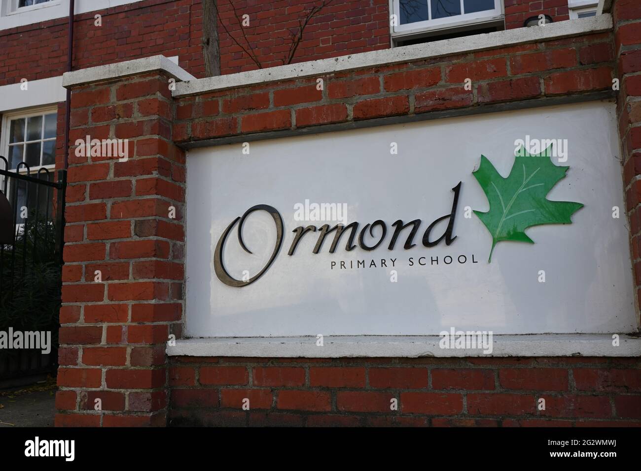 Contemporary signage, including a leaf logo, near the entrance to ...