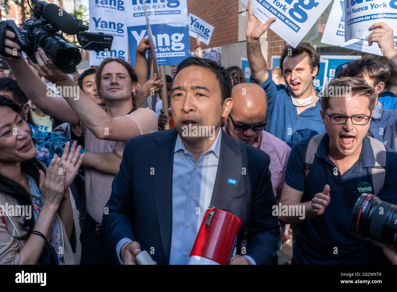 New York City mayoral candidate Andrew Yang greets his supporters ...