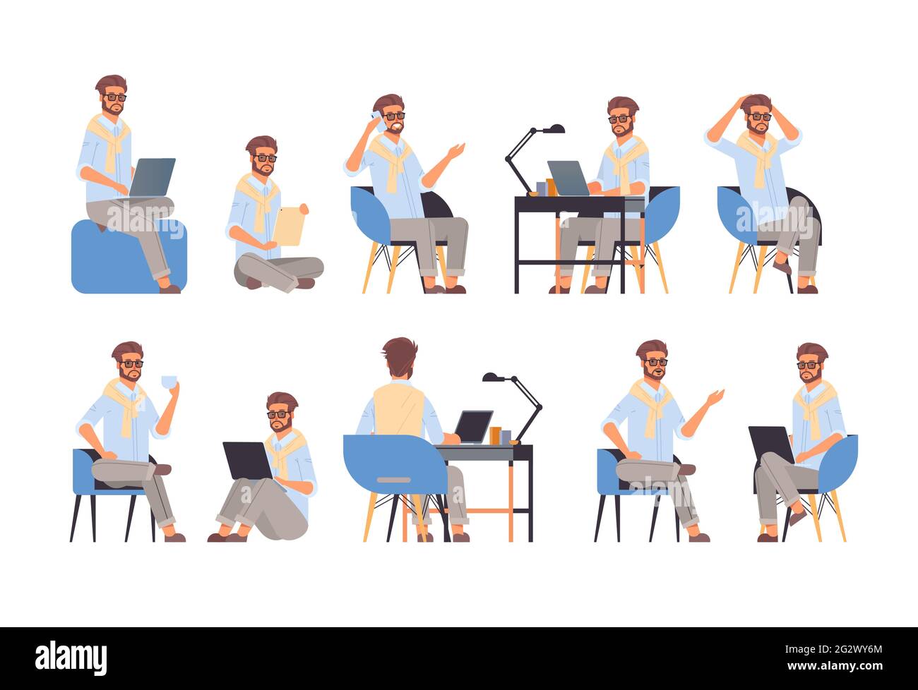 set businessman sitting in different poses gesture emotions and body ...