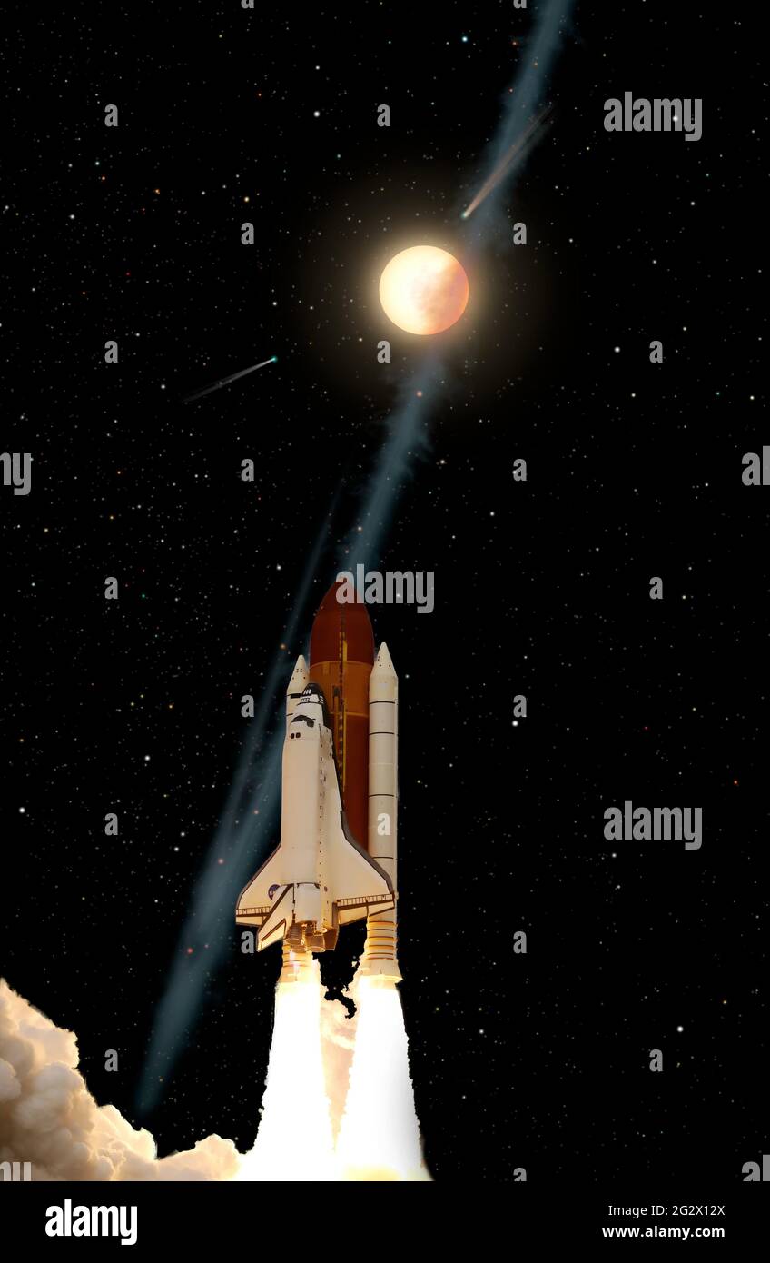 Rockets launch into space on the starry sky. Rocket starts into space ...