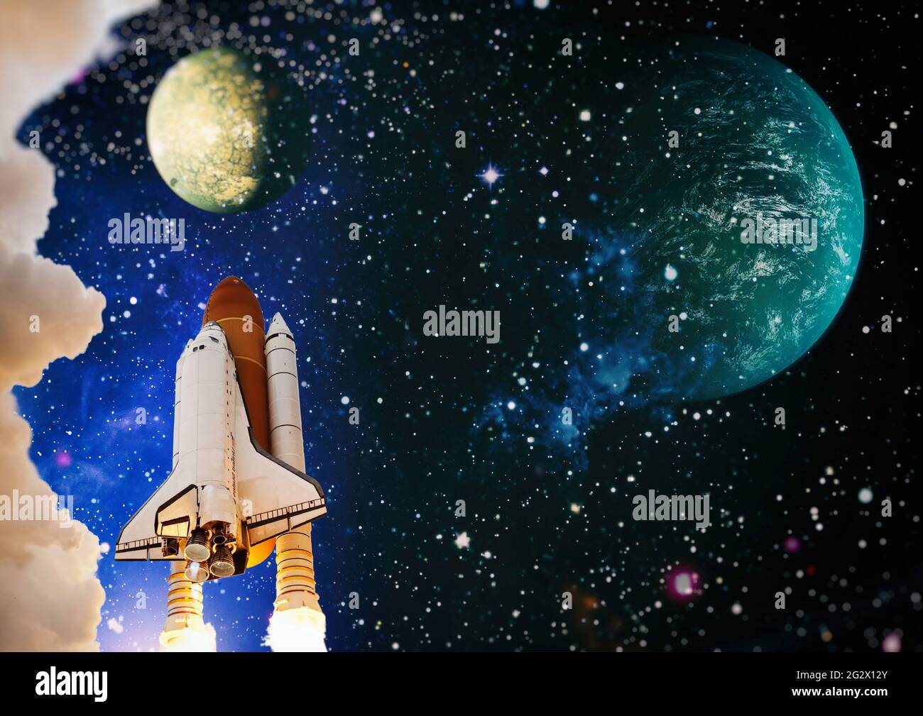 Spaceship takes off into the starry sky. Launch of Space . Elements of ...