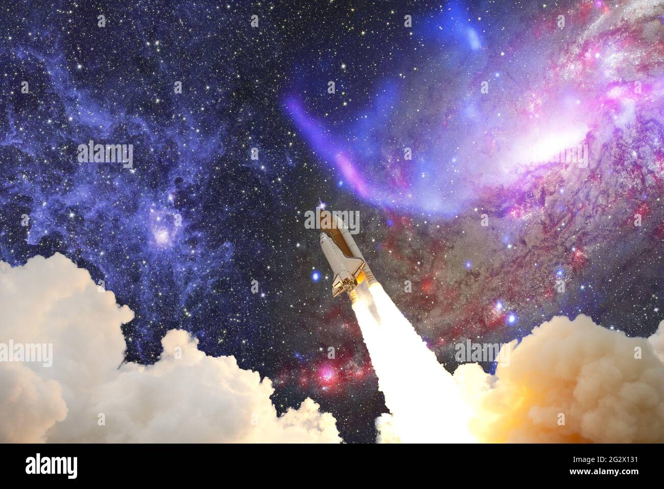 Spaceship takes off into the starry sky. Launch of Space . Elements of ...