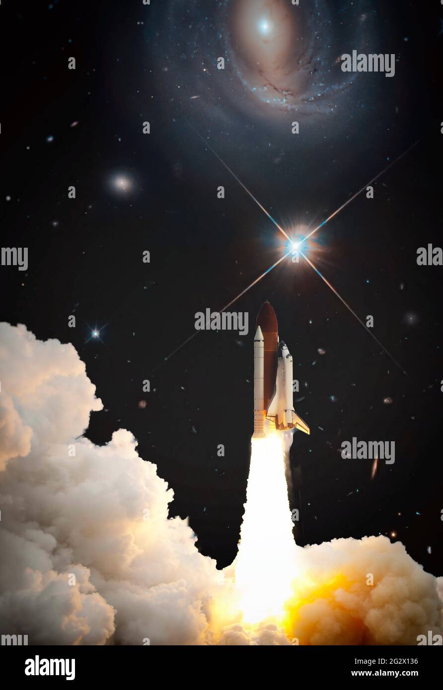 Rockets launch into space on the starry sky. Rocket starts into space ...