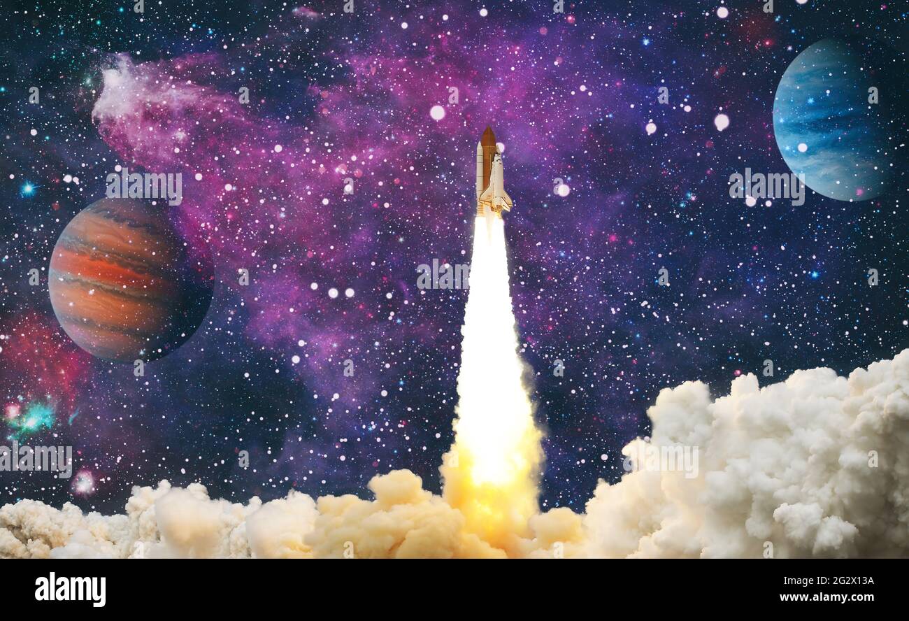 Spaceship takes off into the starry sky. Launch of Space . Elements of ...