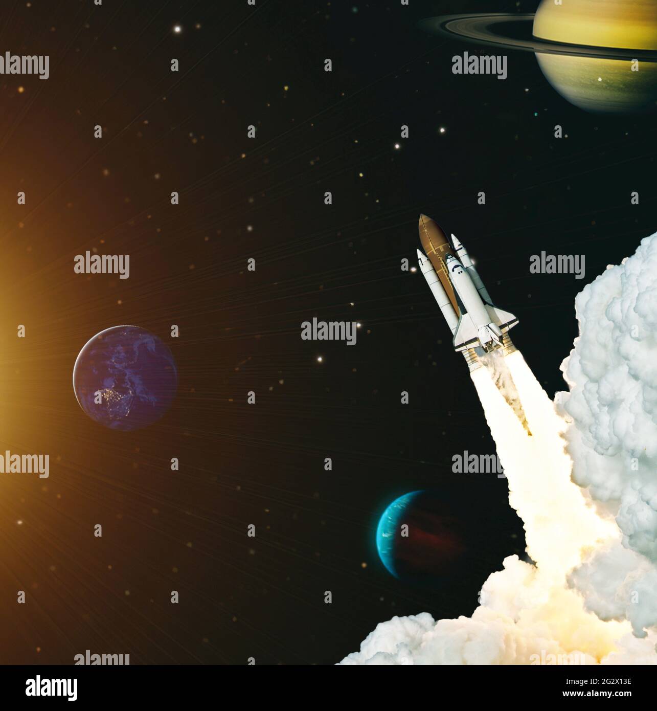 Spaceship takes off into the starry sky. Launch of Space . Elements of ...