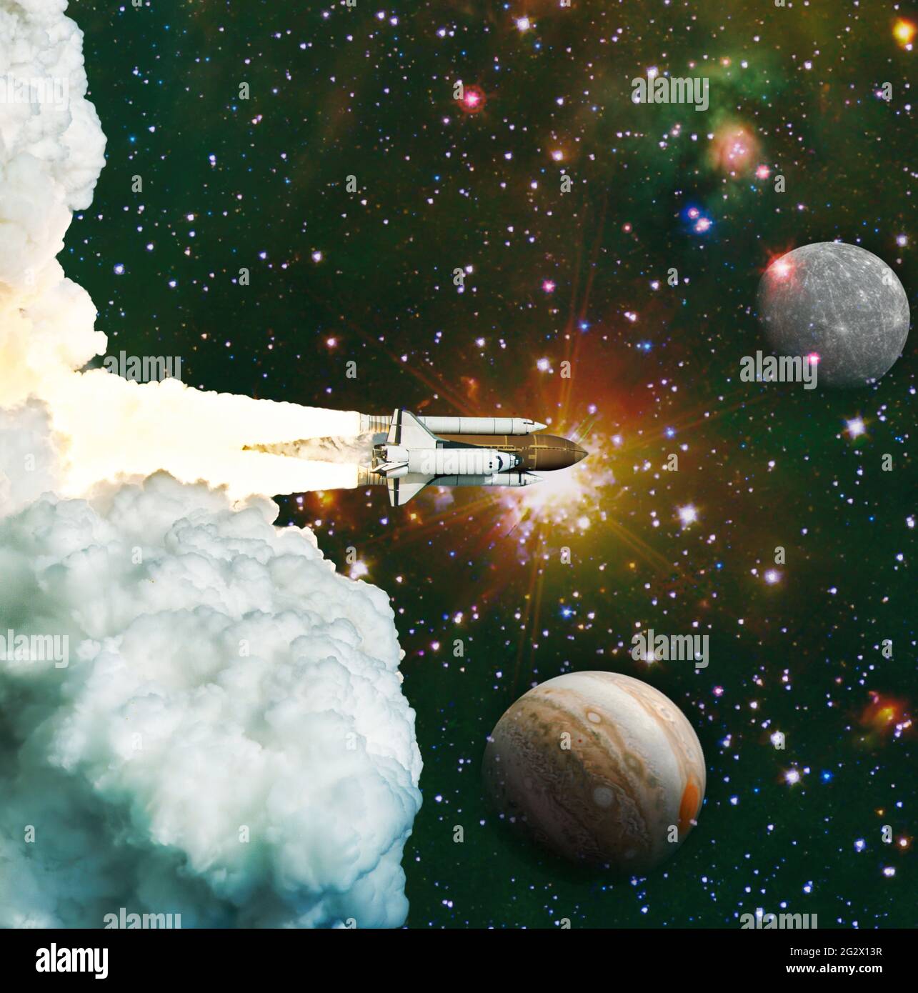 Spaceship takes off into the starry sky. Launch of Space . Elements of ...