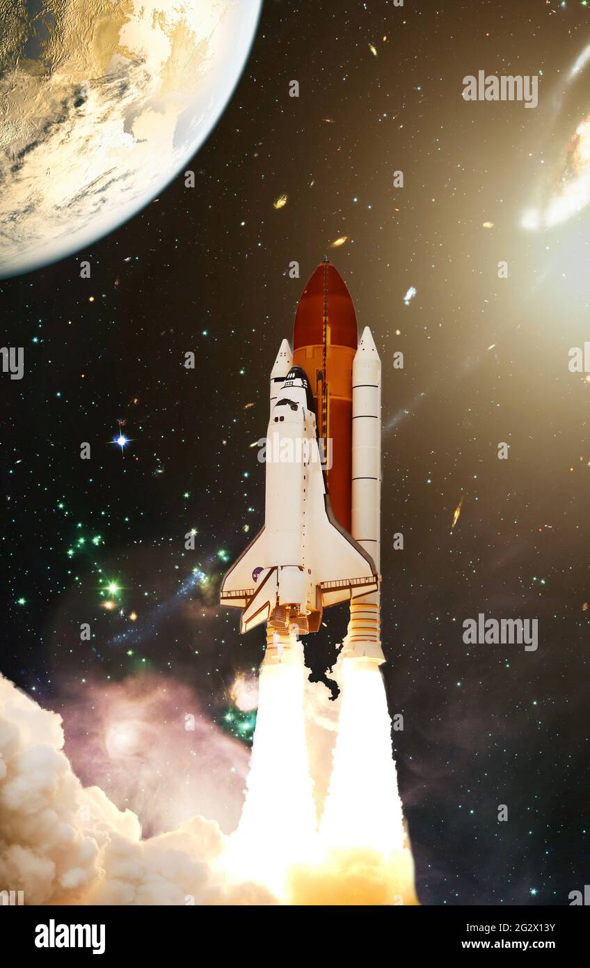 Spaceship takes off into the starry sky. Launch of Space . Elements of ...