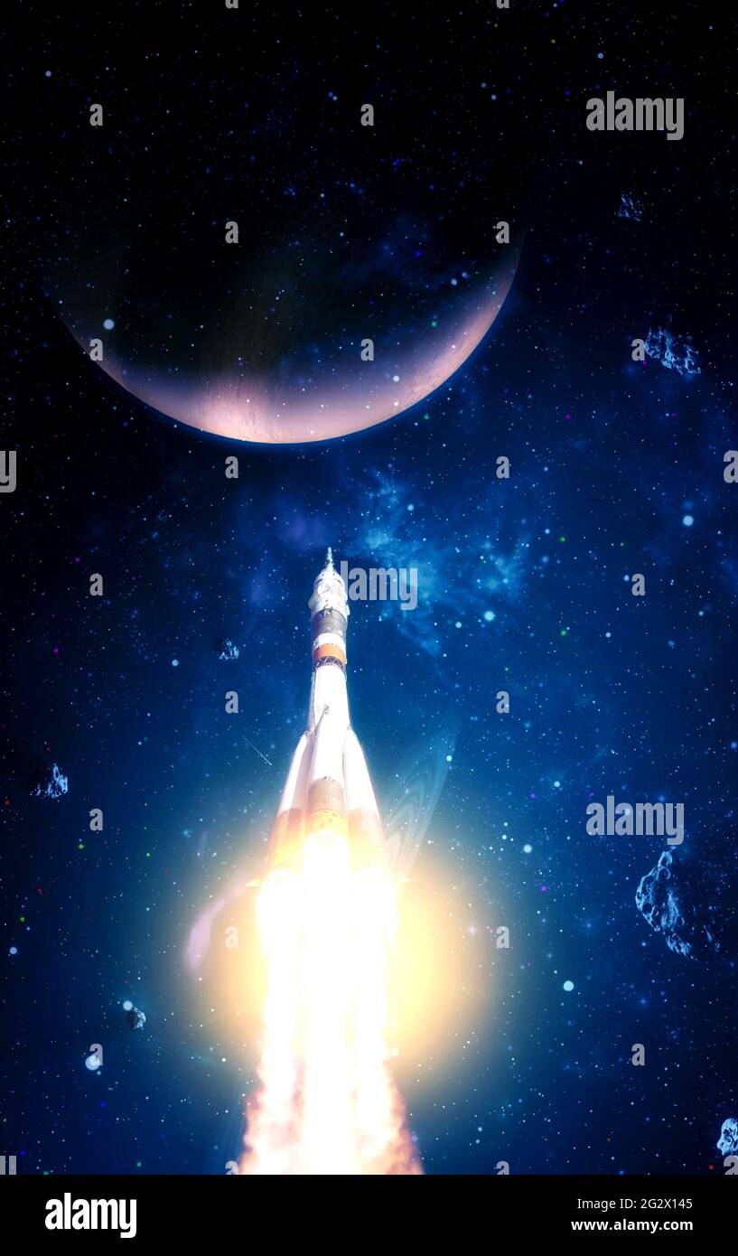 Rockets launch into space on the starry sky. Rocket starts into space ...