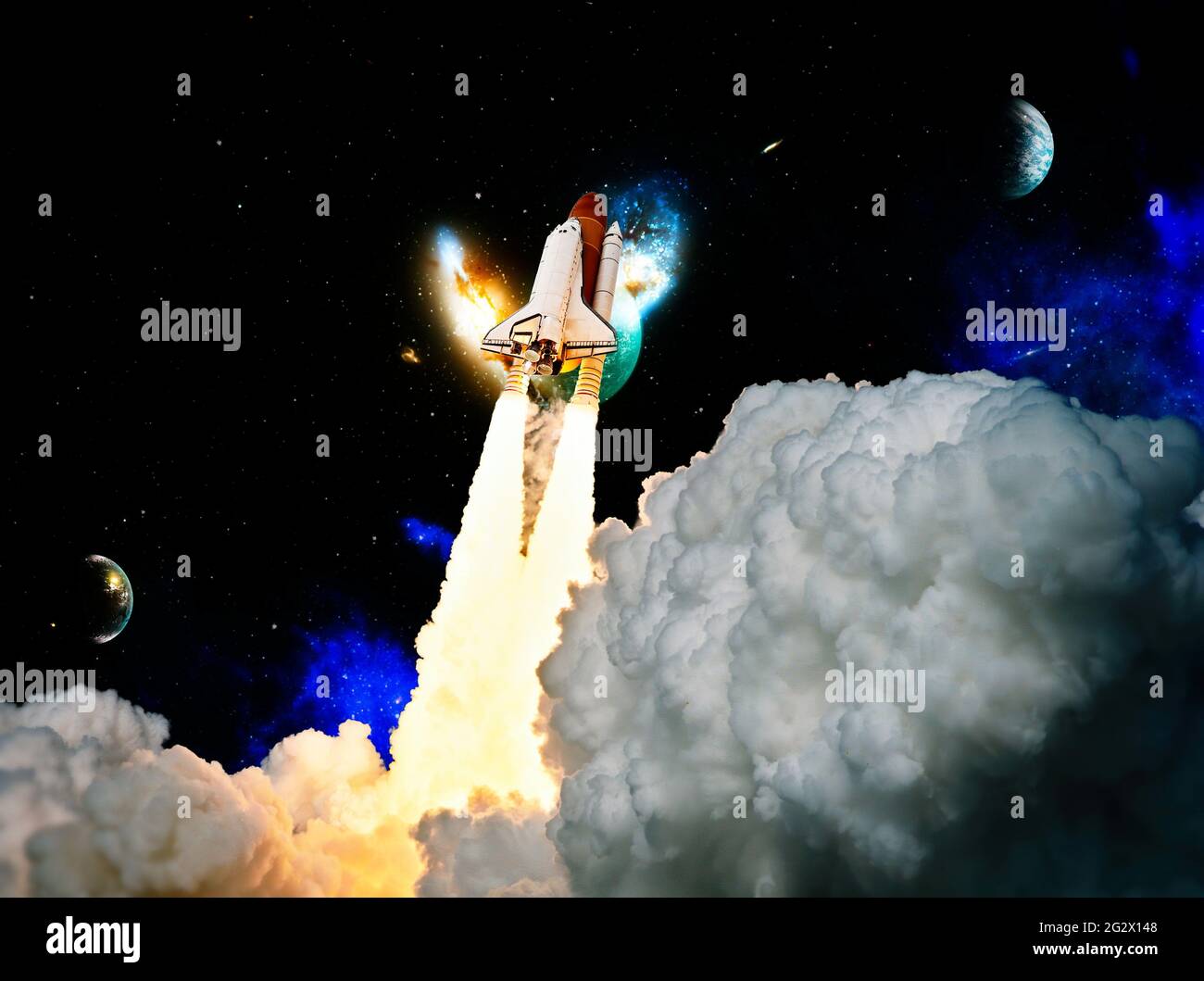 Rocket launch. Rocket with smoke flies into space. Space Shuttle ...