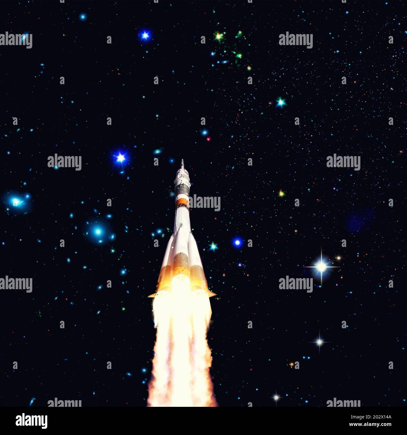Rockets launch into space on the starry sky. Rocket starts into space ...