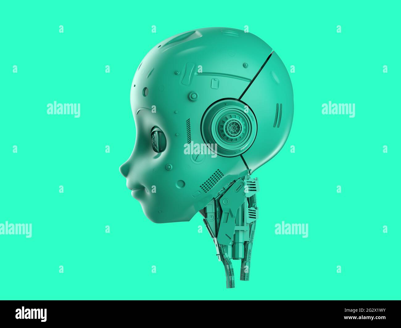 3d rendering green single color ai robot on green background Stock ...