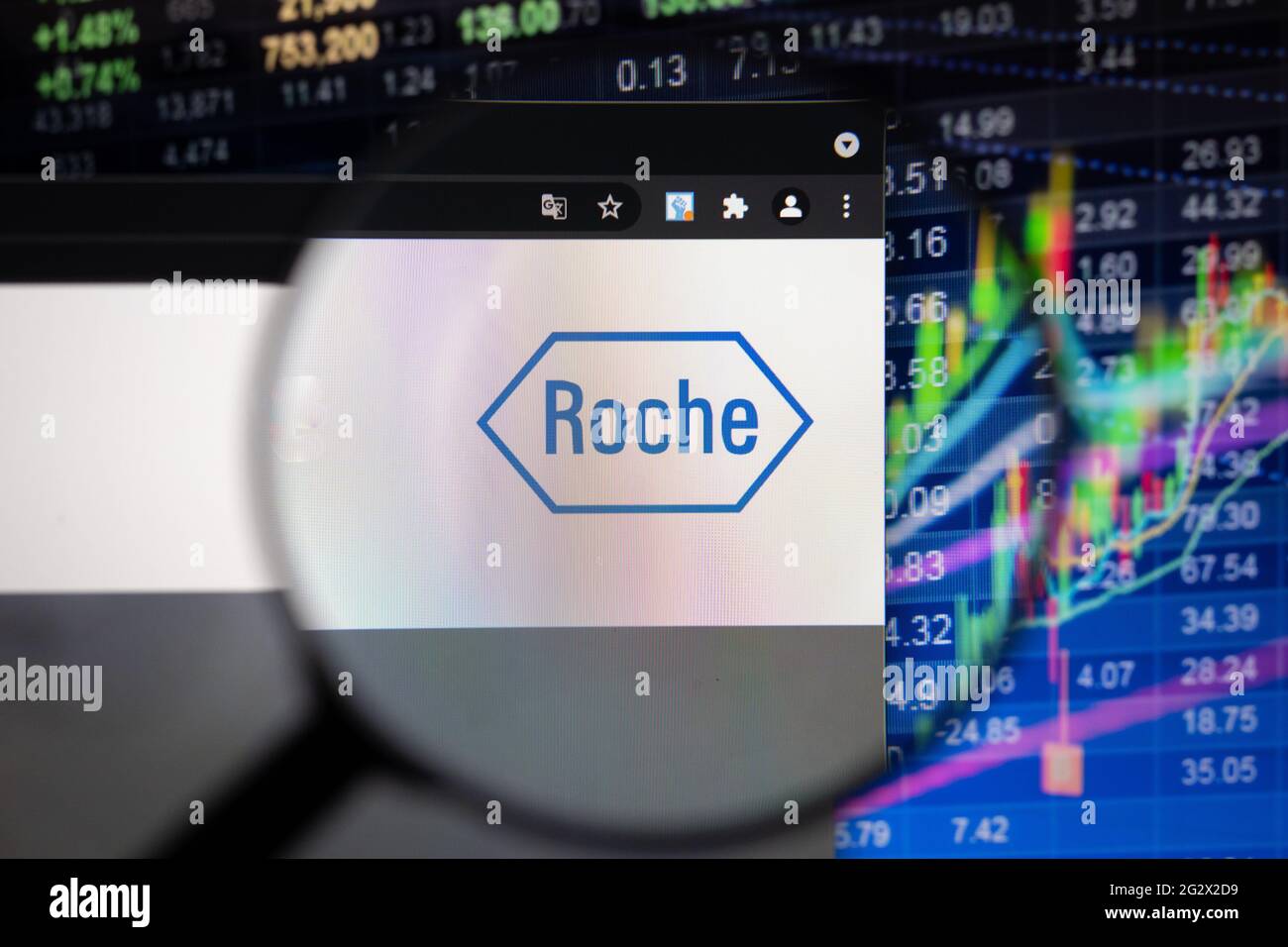 Roche company logo on a website with blurry stock market developments ...