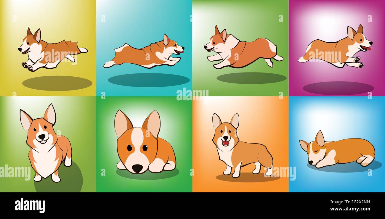 set of cute Cartoon Vector Illustration of a corgi puppy dog Stock ...