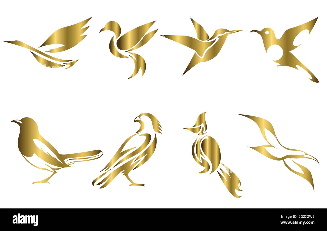 Set of gold vector images of various birds such as heron hummingbird ...