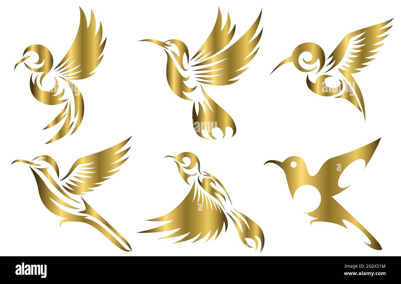 Line art gold Vector illustration six image set of flying hummingbirds ...