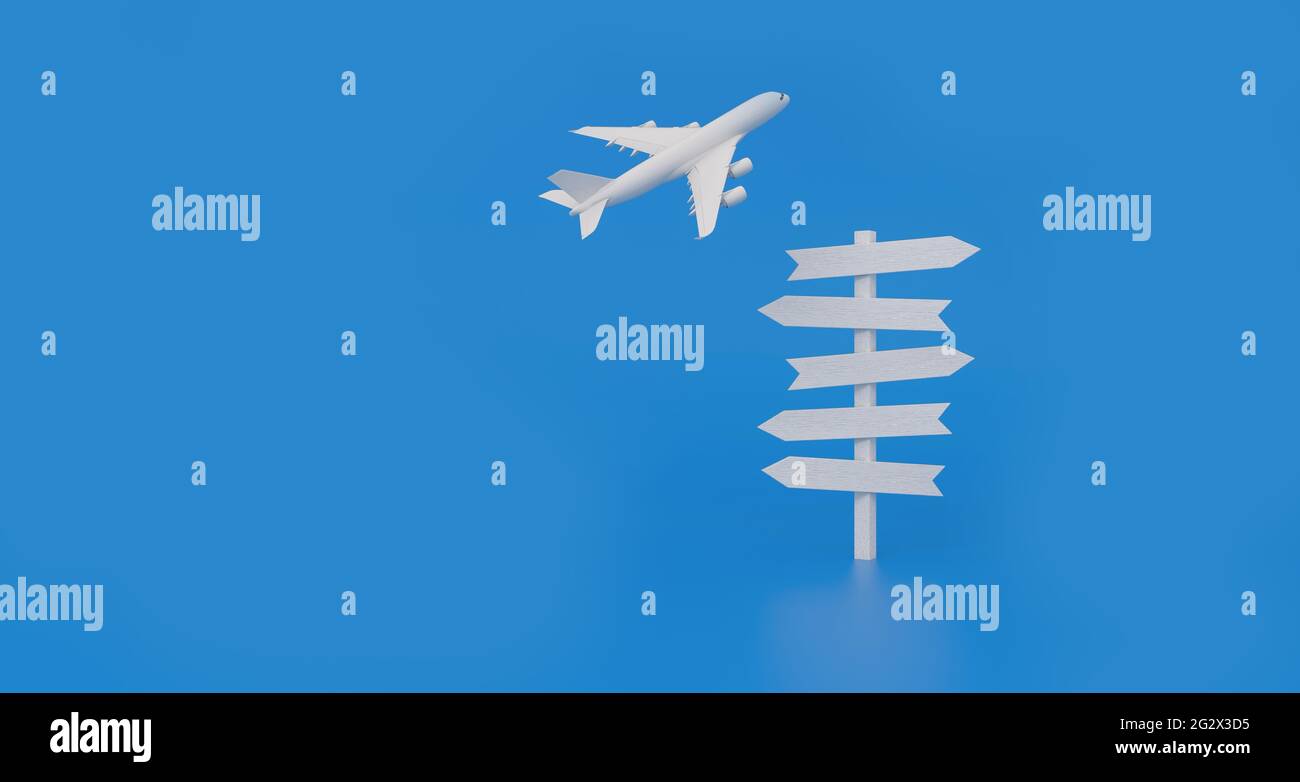 Airplane fly and White crossroads signage pointing different directions ...