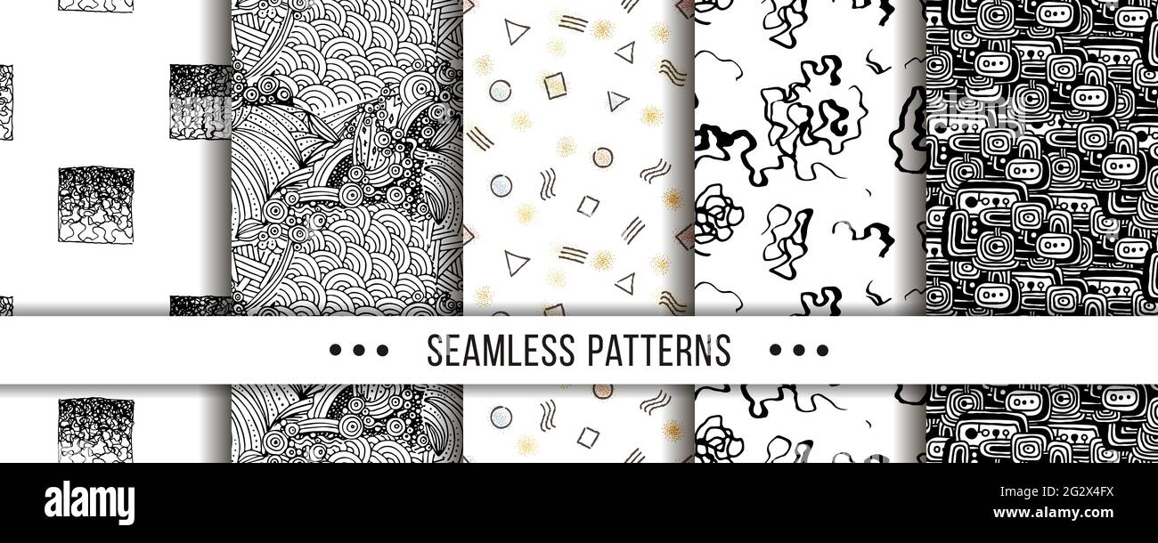 Set of seamless patterns with hand-drawn elements texture, abstraction ...
