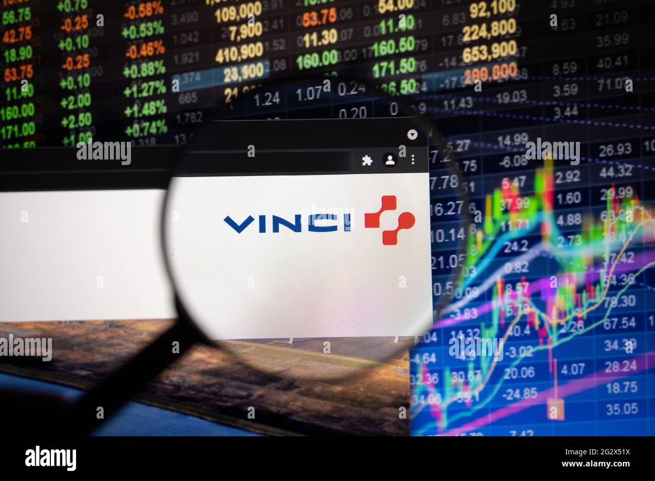 Vinci company logo on a website with blurry stock market developments ...