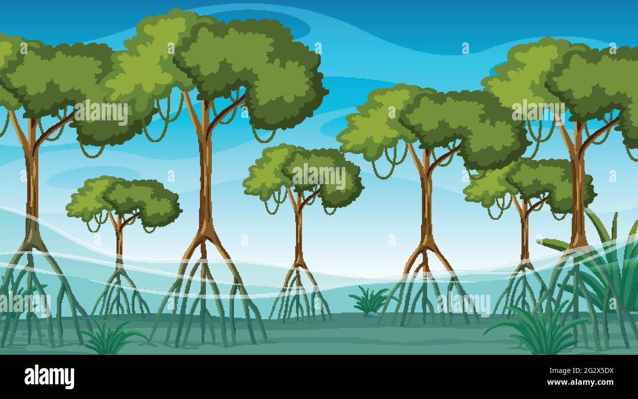 Nature scene with Mangrove forest at daytime in cartoon style ...