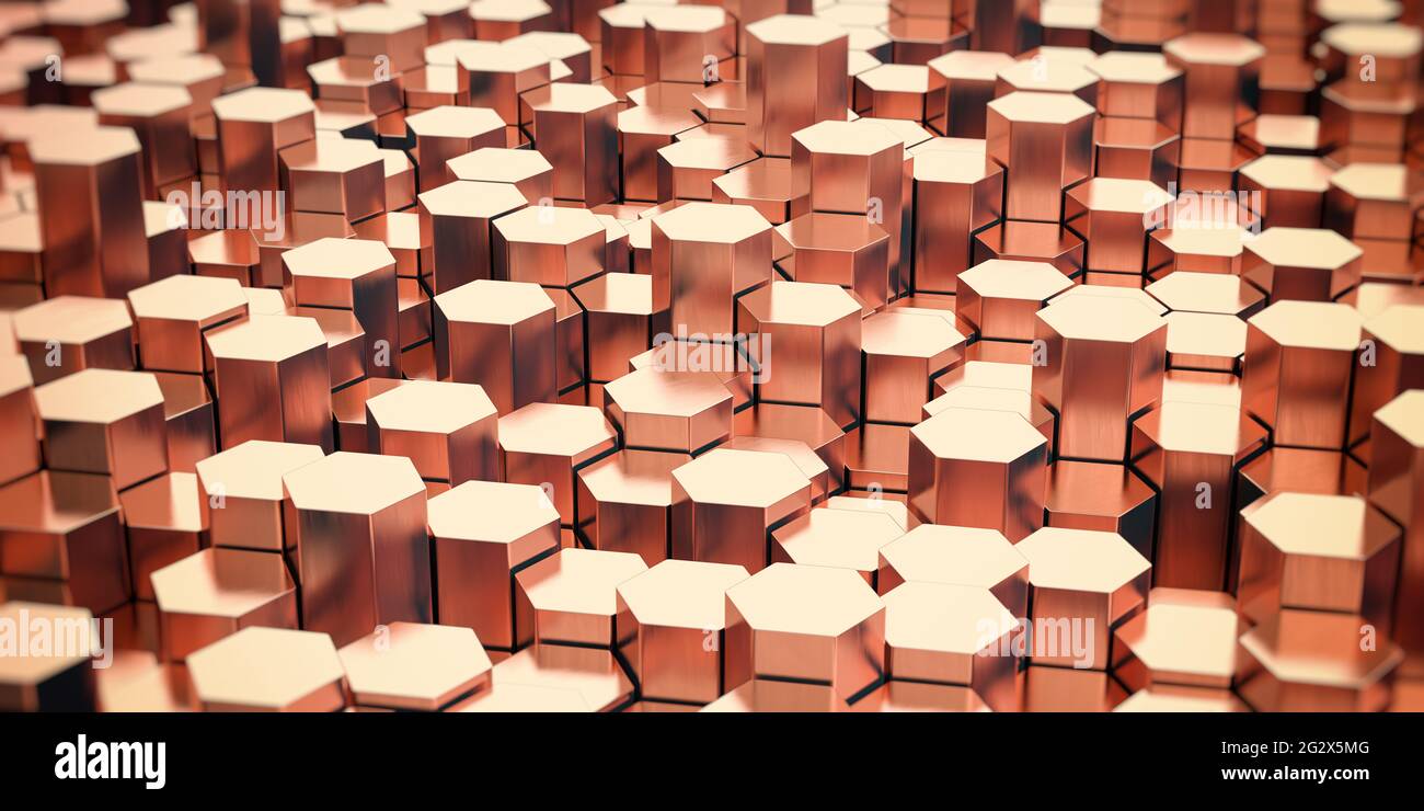 Hexagonal copper rods background. Copper profile manufacturing and ...