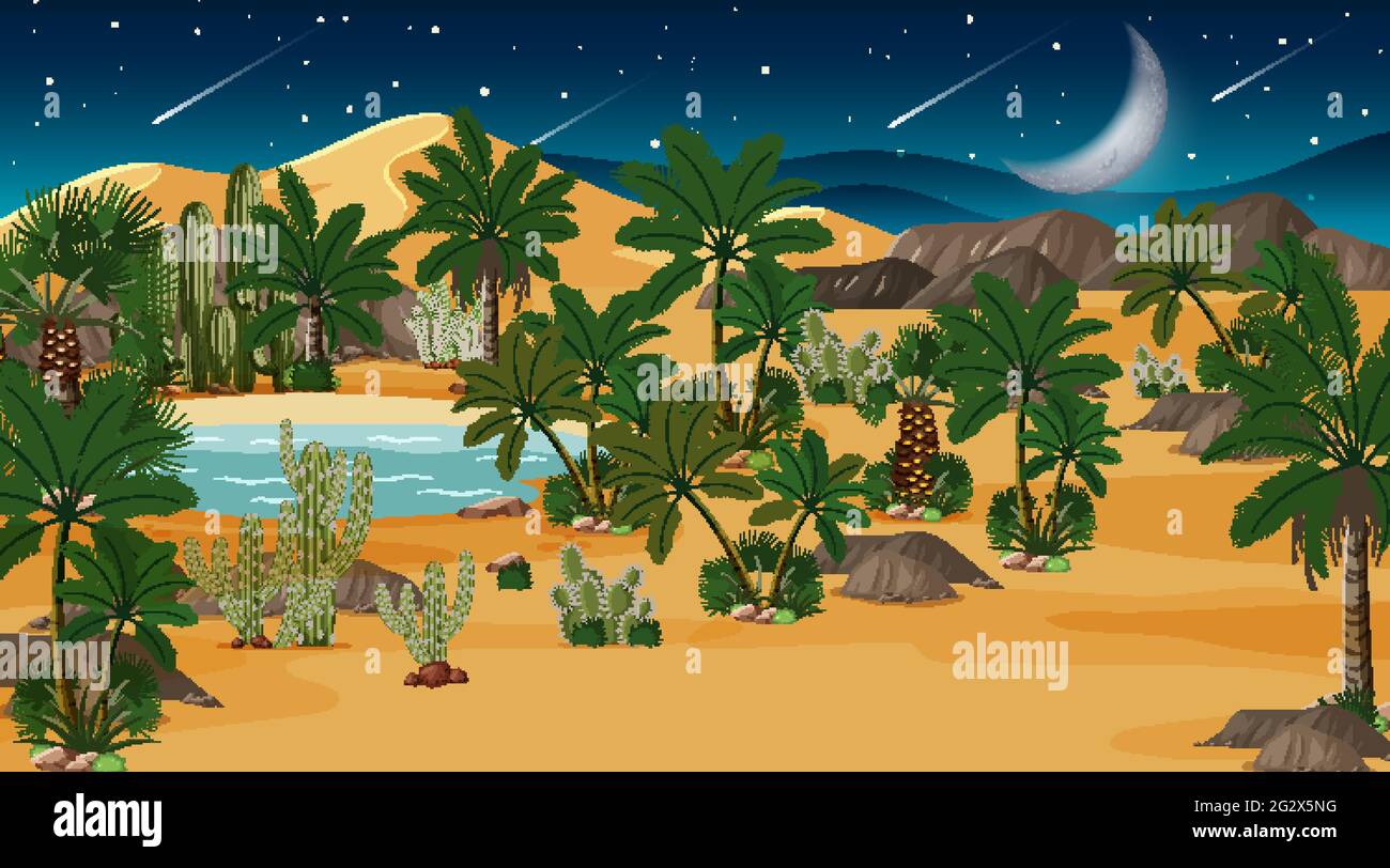 Desert forest landscape at night scene with oasis illustration Stock Vector Image & Art - Alamy