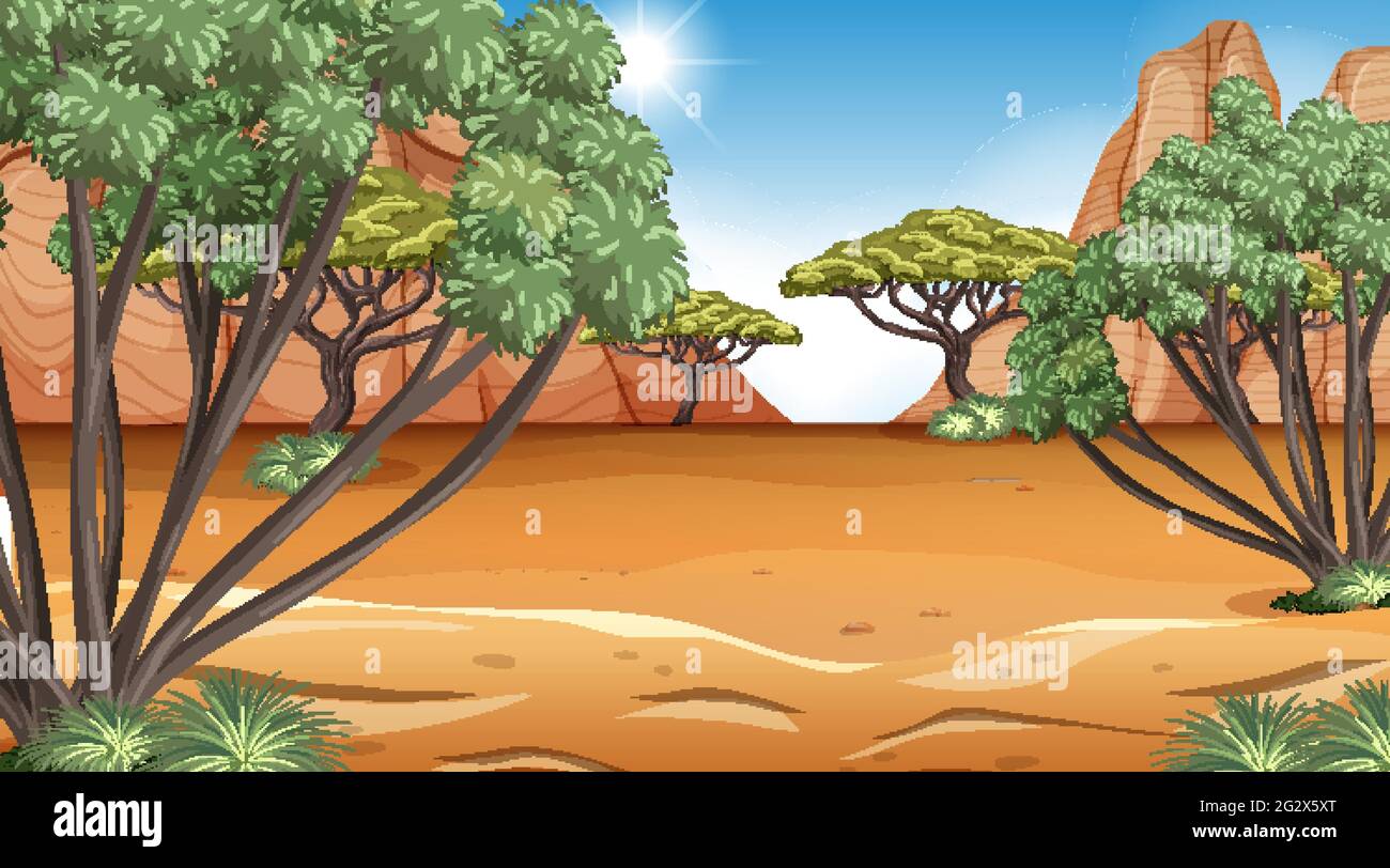 African Savanna forest landscape scene at day time illustration Stock ...