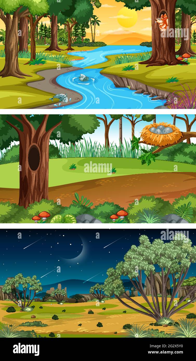 Set of different types of forest horizontal scenes illustration Stock ...