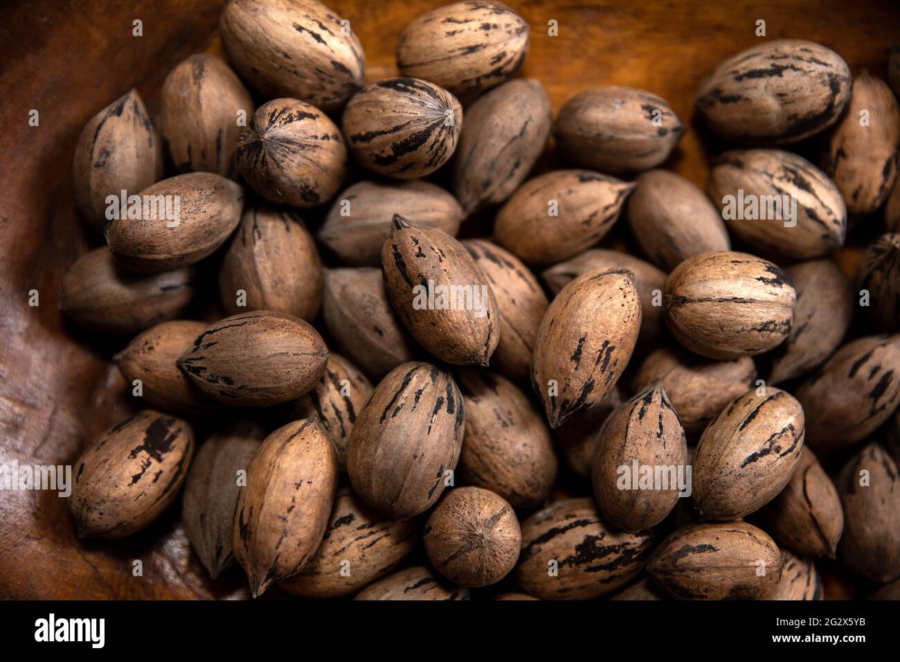 Raw in shell whole Pecan nuts in a wooden bowl on a wood table with a ...
