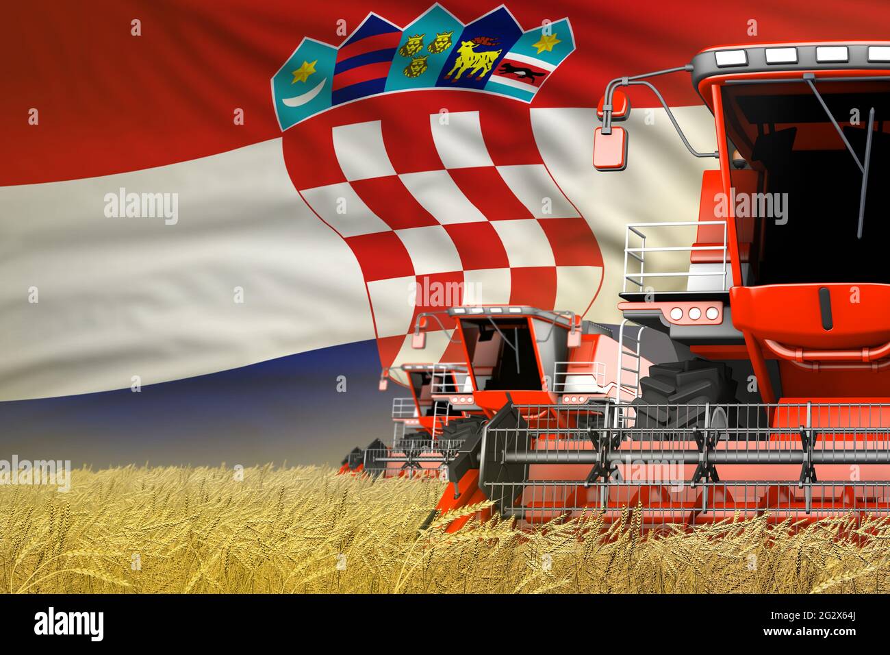 three red modern combine harvesters with Croatia flag on rural field ...