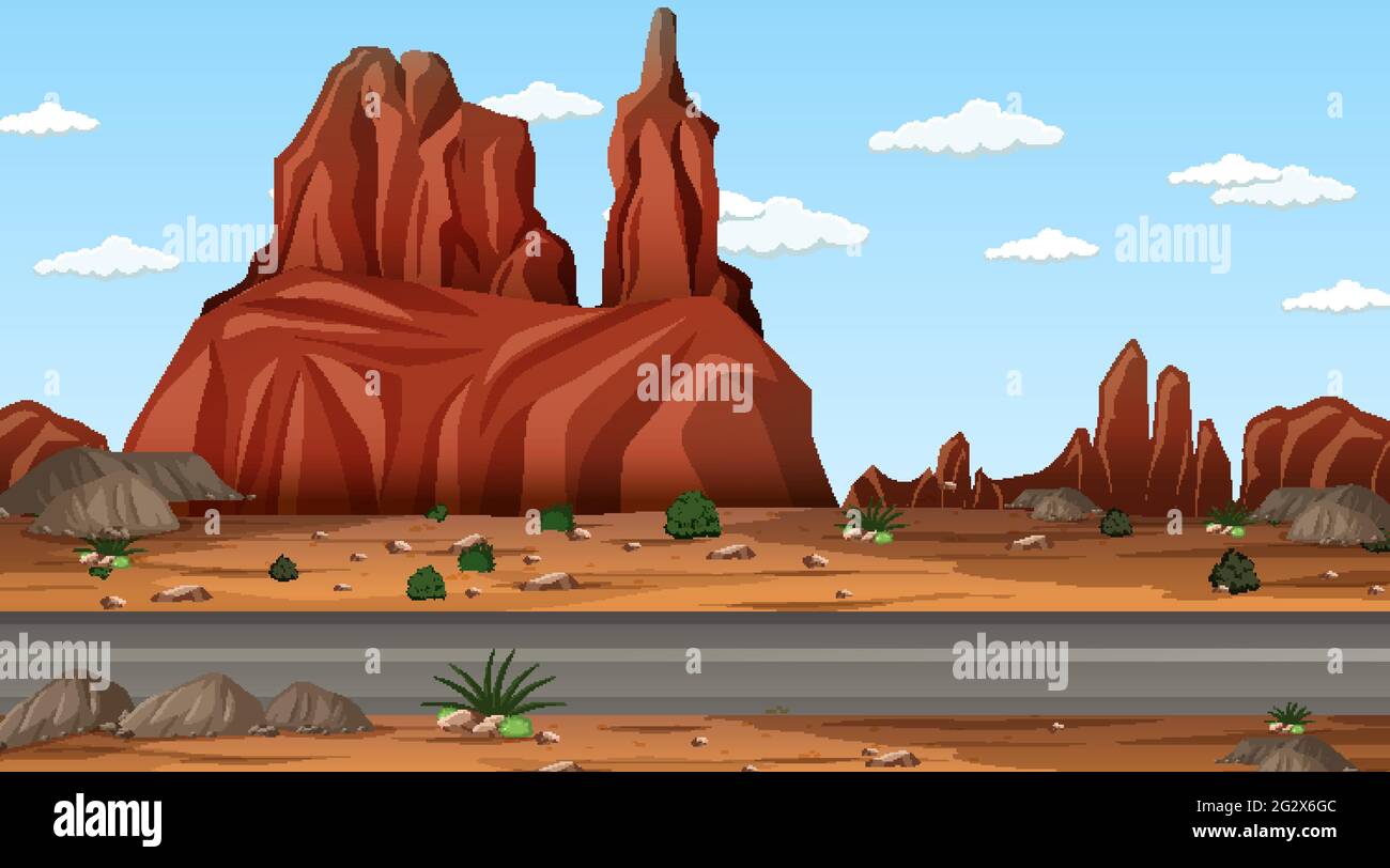 Desert forest landscape at daytime scene with long road illustration ...