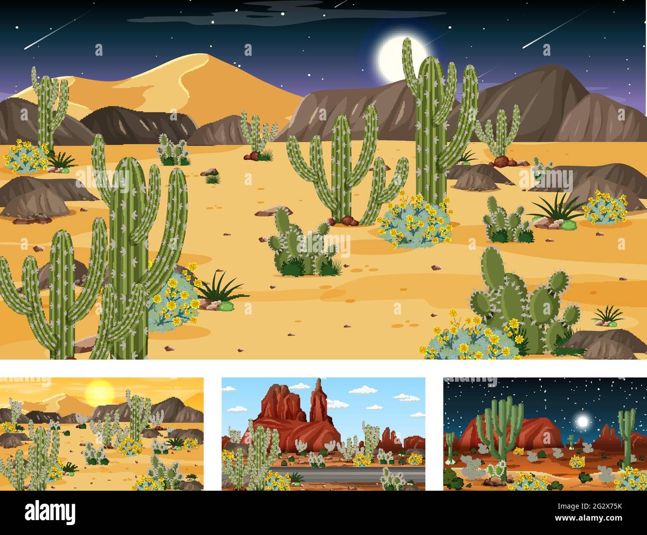 Different scenes with desert forest landscape illustration Stock Vector ...