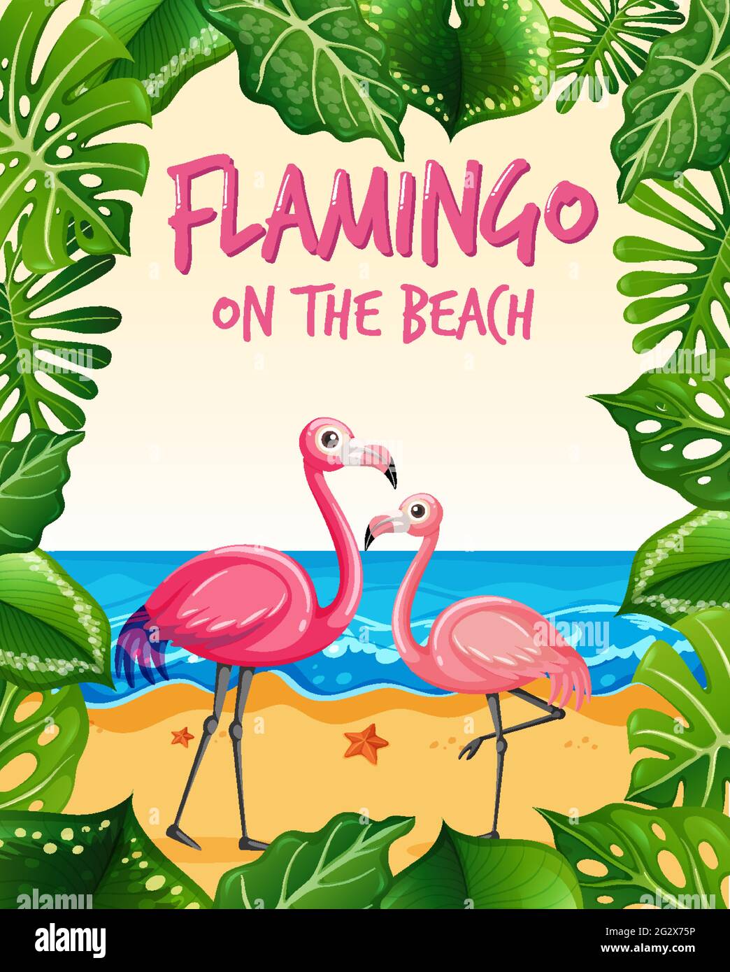Flamingo on the beach banner with many tropical leaves illustration ...