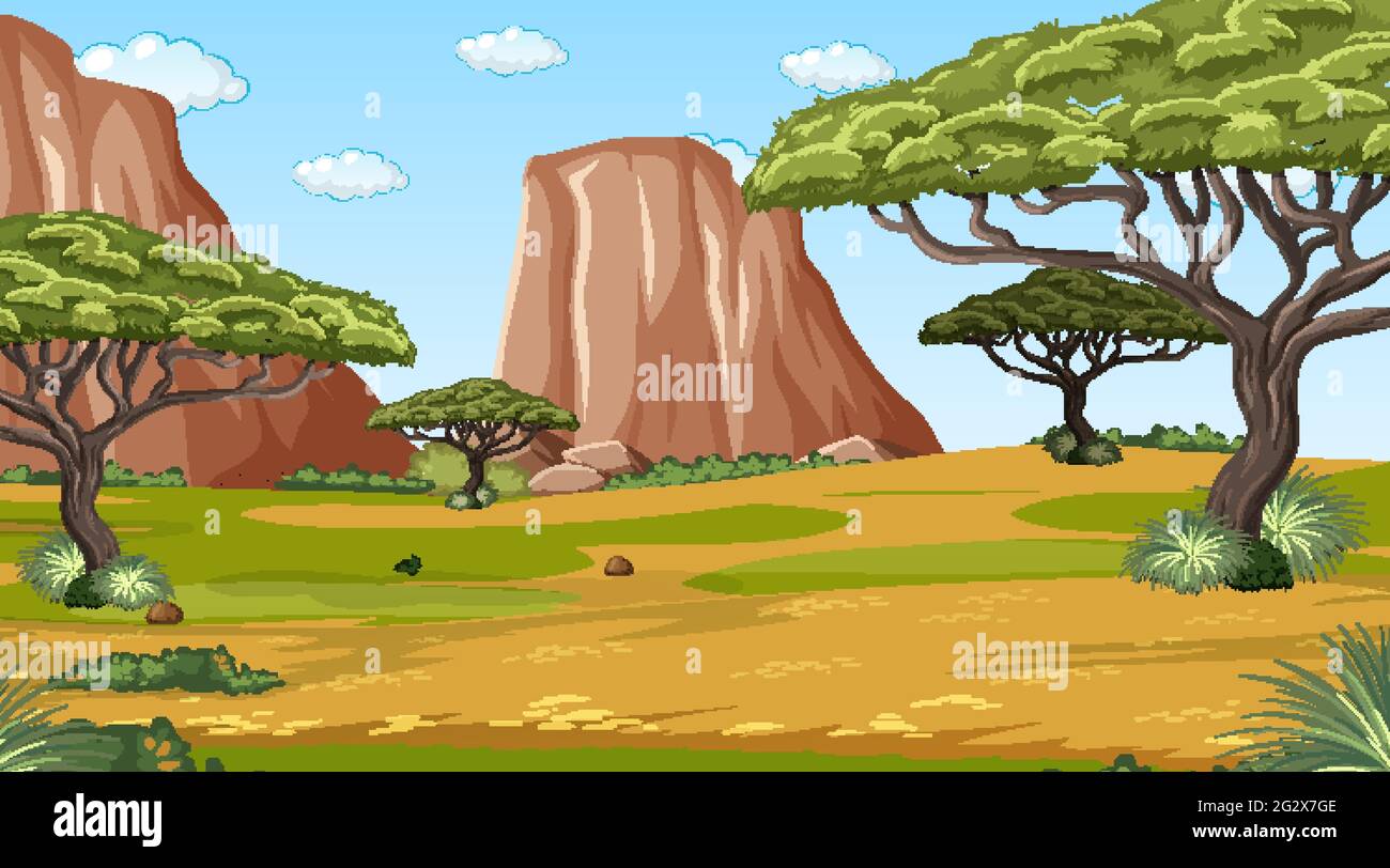 African forest landscape scene with many trees illustration Stock ...