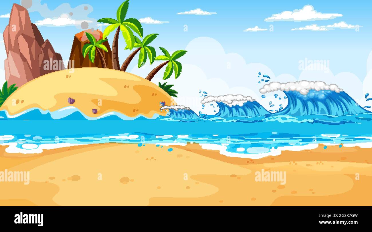 Tropical beach landscape scene at day time illustration Stock Vector ...