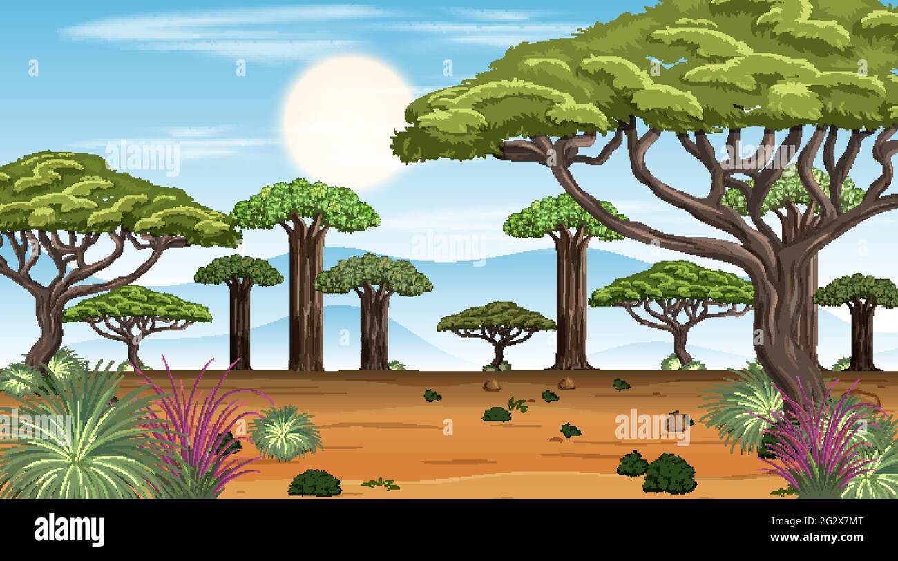 African Savanna forest landscape scene at day time illustration Stock ...